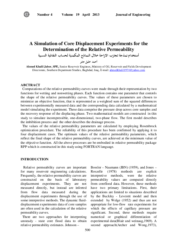 (PDF) A Simulation of Core Displacement Experiments for the Determination of the Relative ...