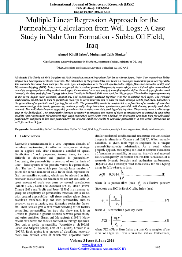 (PDF) Multiple Linear Regression Approach for the Permeability Calculation from Well Logs: A ...