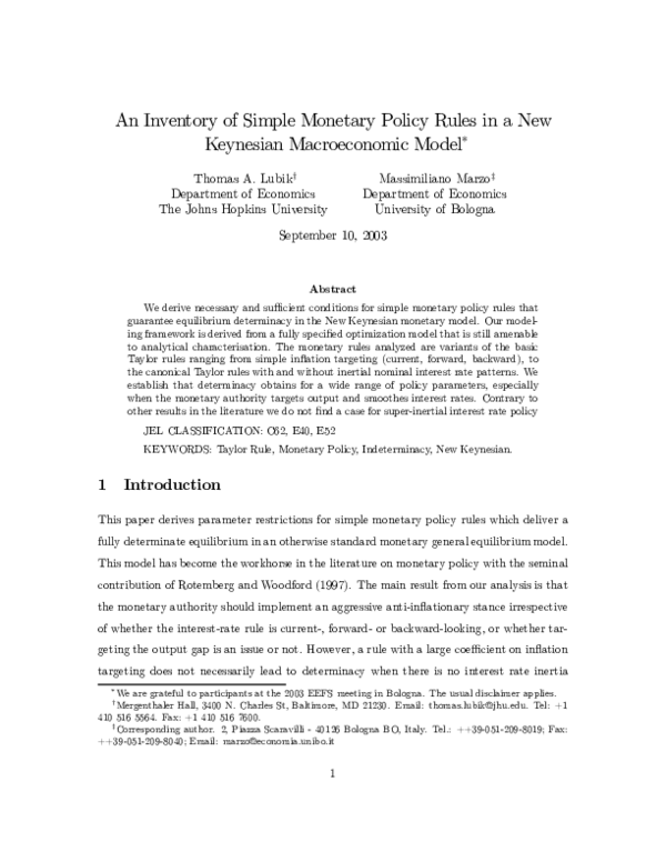 (PDF) An inventory of simple monetary policy rules in a New Keynesian ...
