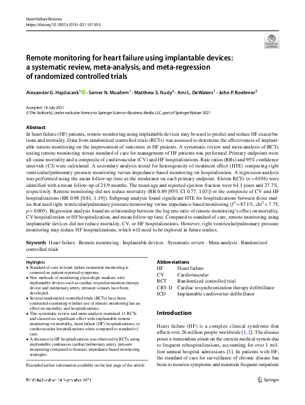 (PDF) Remote monitoring for heart failure using implantable devices: a systematic review, meta ...