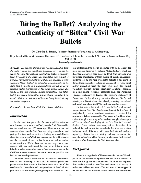 (PDF) Biting the Bullet? Analyzing the Authenticity of “Bitten” Civil War Bullets