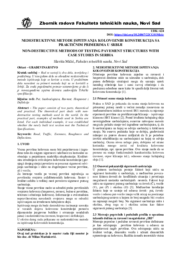 (PDF) Nedestruktivne Metode Ispitivanja Kolovoznih Konstrukcija Sa Praktičnim Primerima U Srbiji