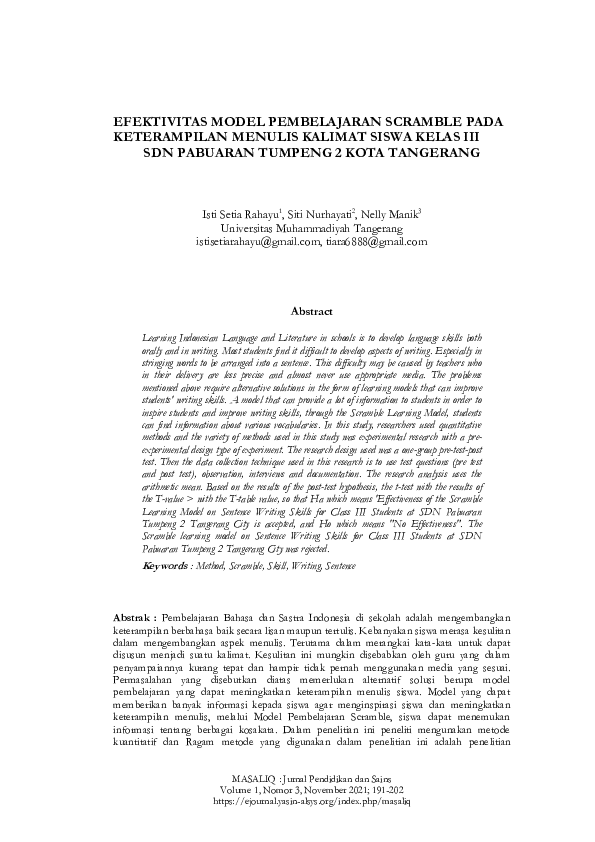 (PDF) Efektivitas Model Pembelajaran Scramble pada Keterampilan Menulis ...