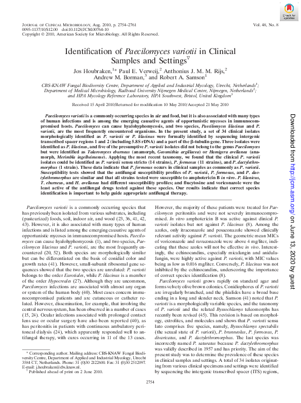 (PDF) Identification of Paecilomyces variotii in Clinical Samples and Settings | Robert A Samson ...