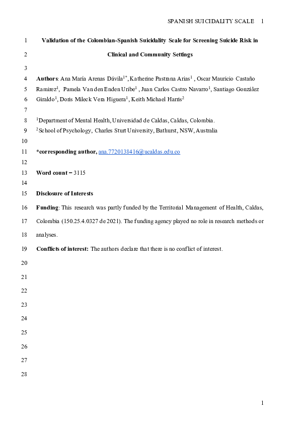 (PDF) Validation of the Colombian-Spanish Suicidality Scale for ...