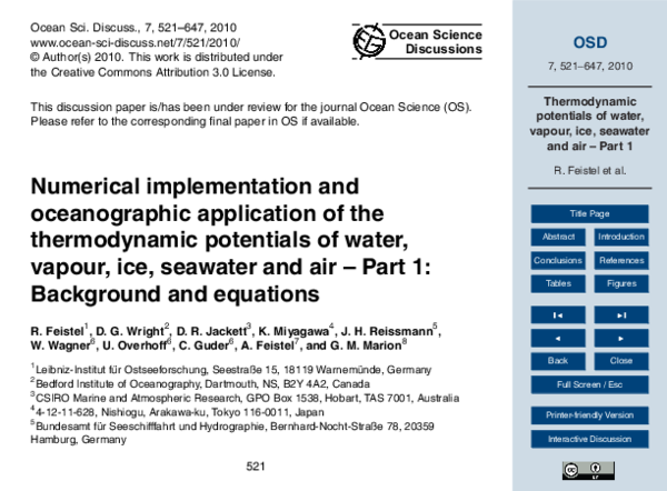 (PDF) Numerical implementation and oceanographic application of the thermodynamic potentials of ...