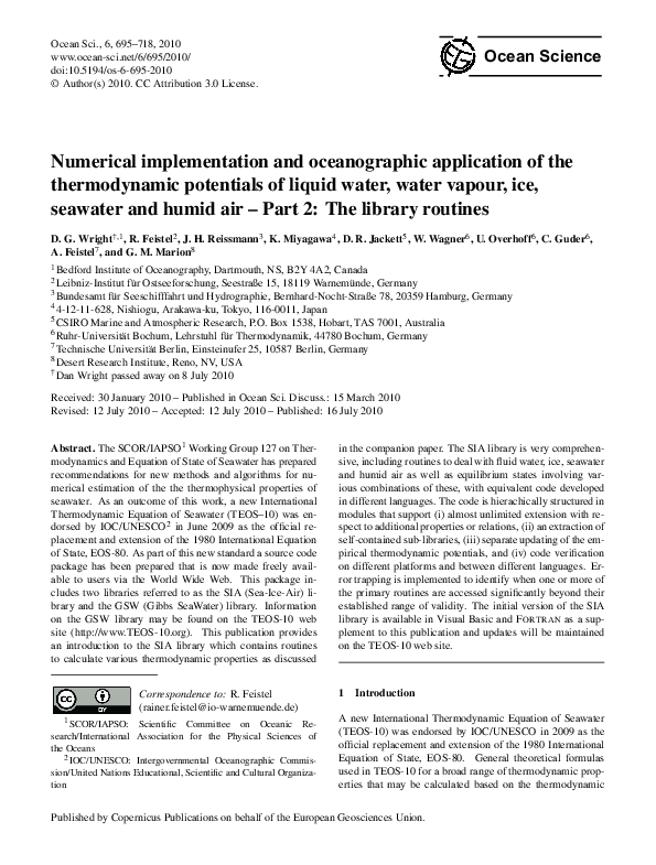 (PDF) Numerical implementation and oceanographic application of the thermodynamic potentials of ...