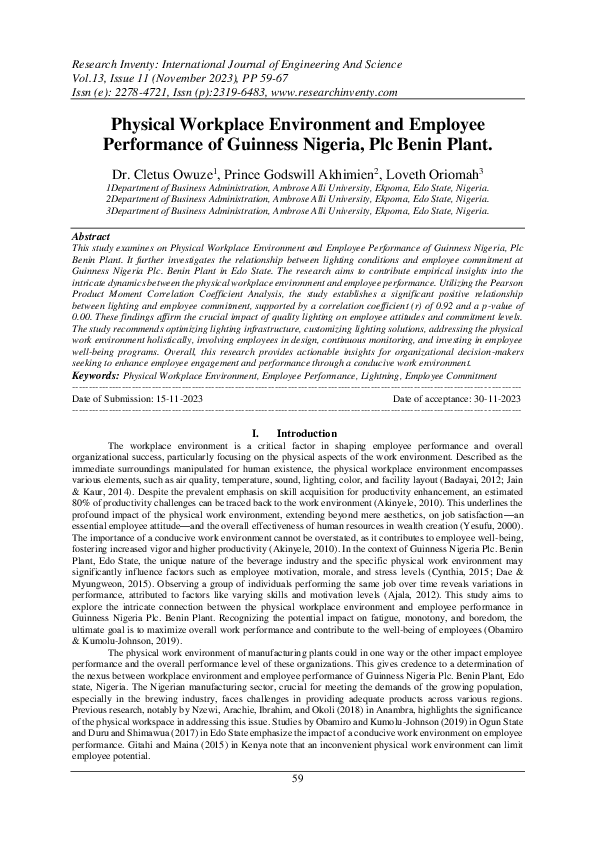 Pdf Physical Workplace Environment And Employee Performance Of