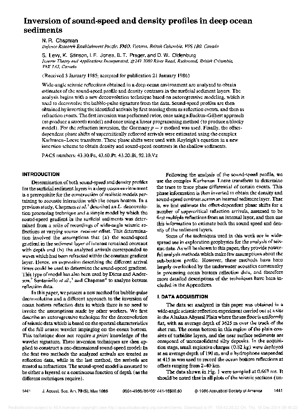 (PDF) Inversion of sound‐speed and density profiles in deep ocean sediments