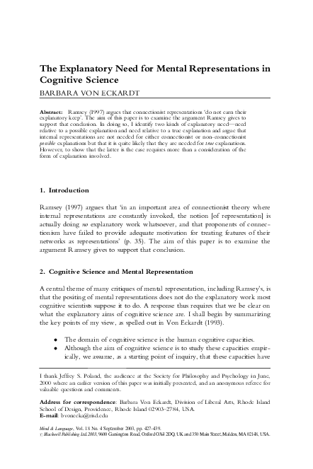 (PDF) The Explanatory Need for Mental Representations in Cognitive Science