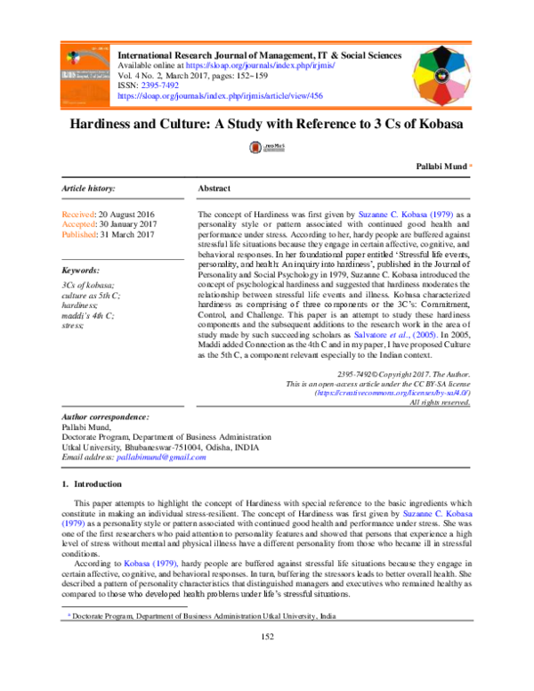 (PDF) Hardiness and Culture: A Study with Reference to the 3 Cs of Kobasa