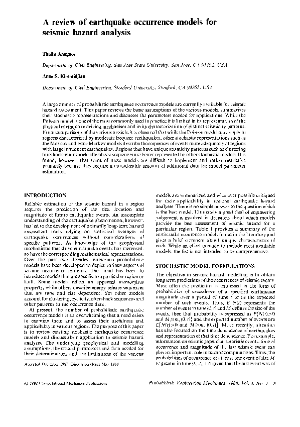 (PDF) A review of earthquake occurrence models for seismic hazard analysis