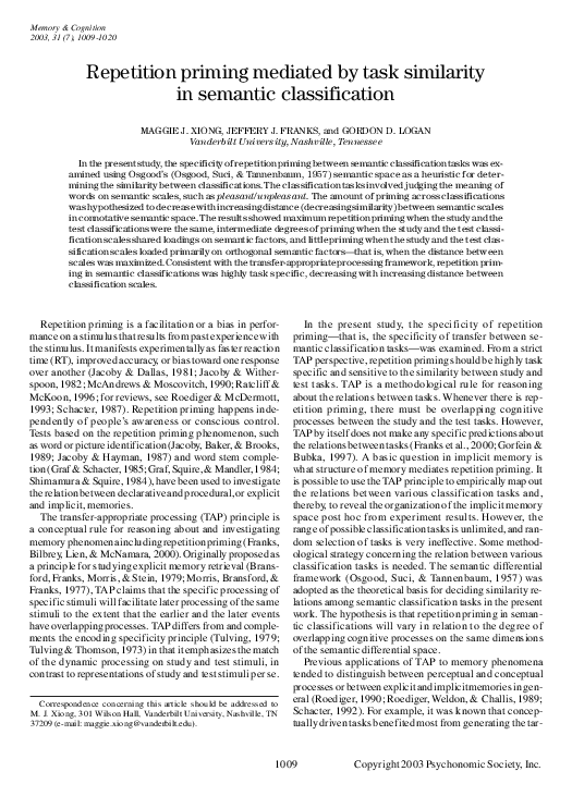 (PDF) Repetition priming mediated by task similarity in semantic classification | Gordon Logan ...