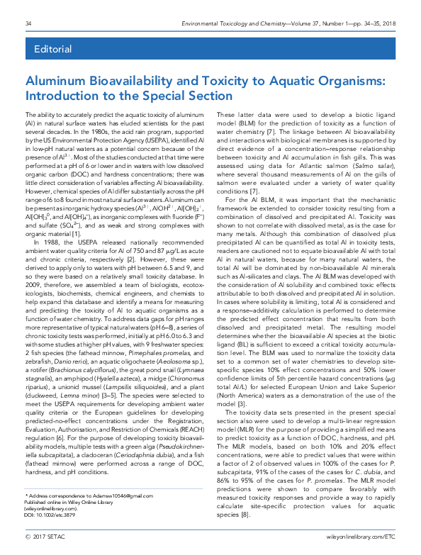(PDF) Aluminum bioavailability and toxicity to aquatic organisms ...
