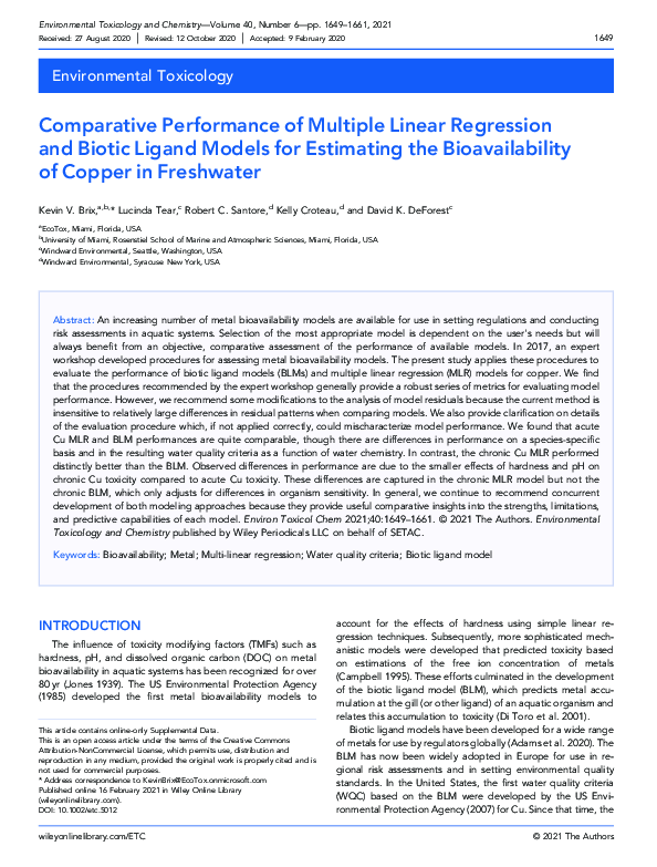 (PDF) Comparative Performance of Multiple Linear Regression and Biotic Ligand Models for ...