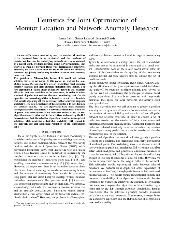 (PDF) Heuristics for Joint Optimization of Monitor Location and Network Anomaly Detection