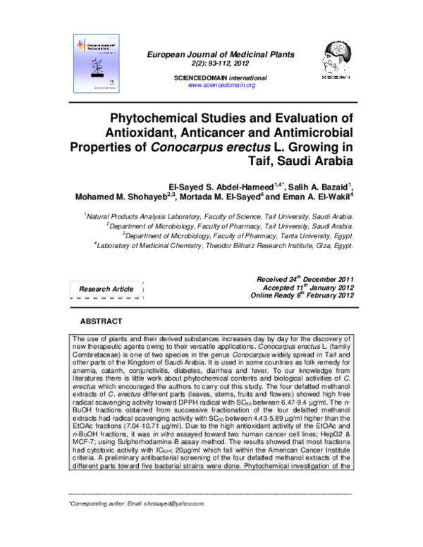 (PDF) Phytochemical Studies and Evaluation of Antioxidant, Anticancer ...