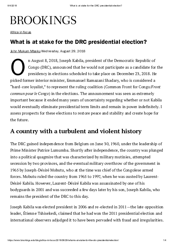 (PDF) What is at Stake for the DRC Presidential Election
