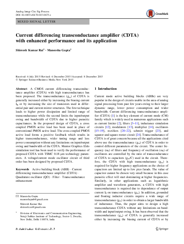 (PDF) Current Differencing Transconductance Amplifier (CDTA) Based Current Mode Quadrature ...