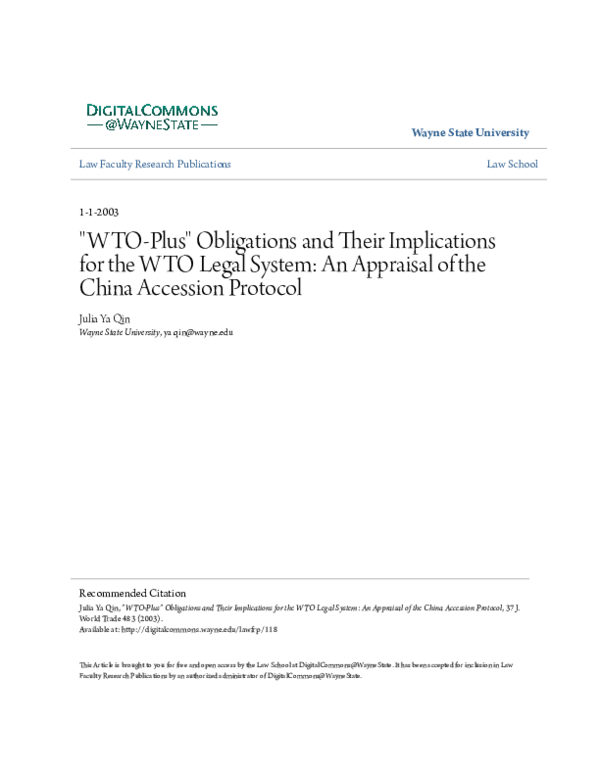 (PDF) WTO-Plus" Obligations and Their Implications for the WTO Legal ...