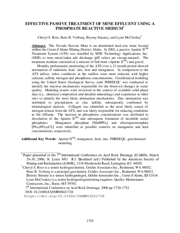 (PDF) Effective Passive Treatment of Mine Effluent Using a Phosphate ...