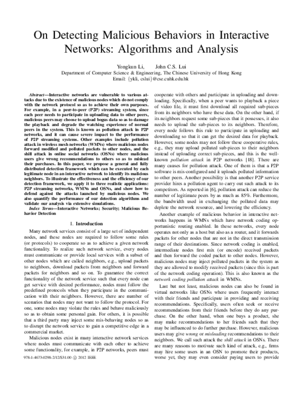 (PDF) On detecting malicious behaviors in interactive networks: Algorithms and analysis