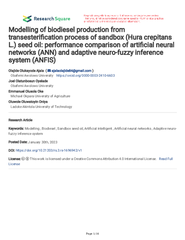 (PDF) Modelling of biodiesel production from transesterification ...