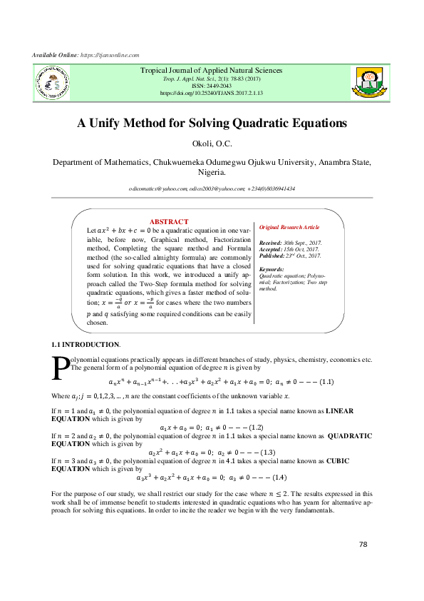 (PDF) A Unify Method for Solving Quadratic Equations