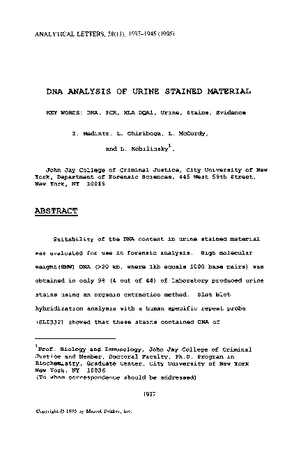 (PDF) DNA Analysis of Urine Stained Material | Lawrence Kobilinsky - Academia.edu