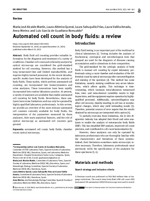 (PDF) Automated cell count in body fluids: a review