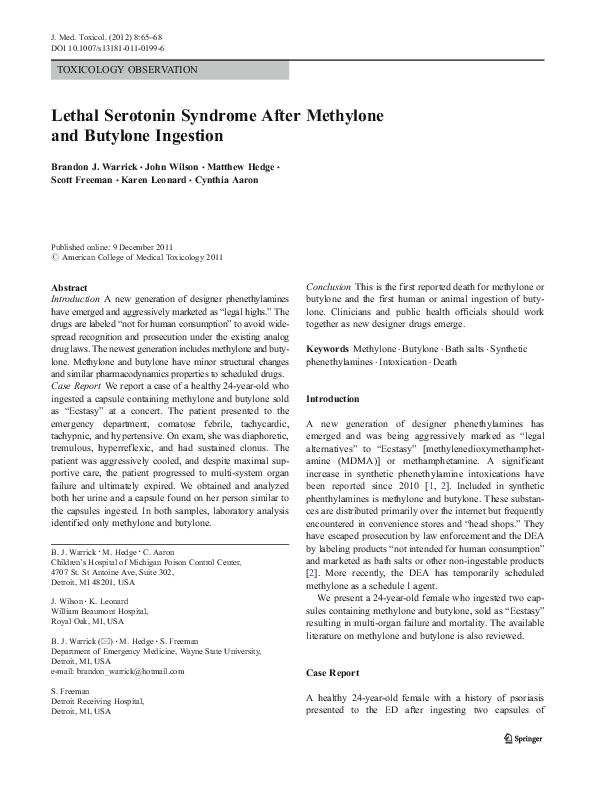 (PDF) Lethal Serotonin Syndrome After Methylone and Butylone Ingestion