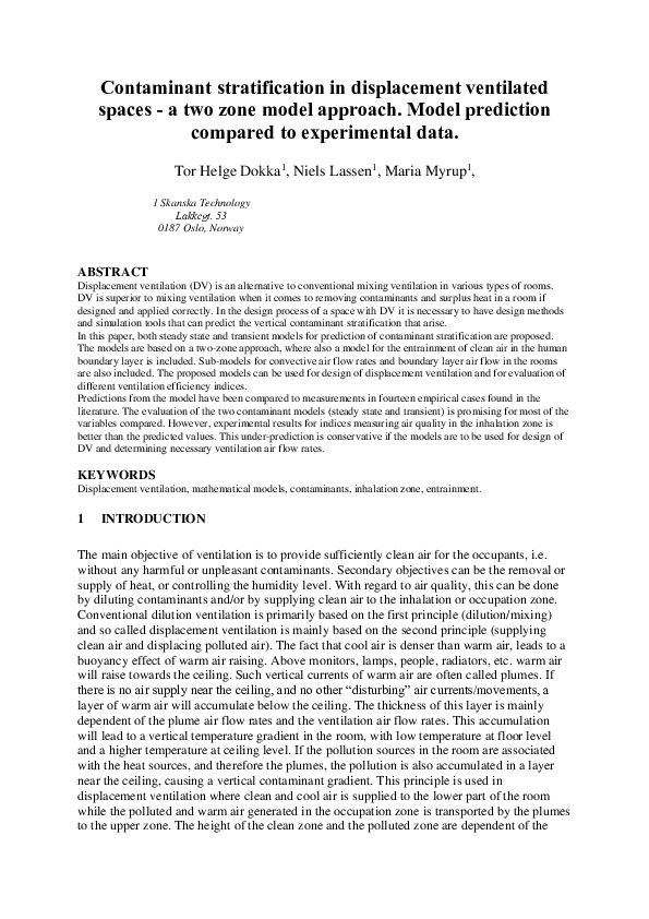 (PDF) Contaminant stratification in displacement ventilated spaces-a two zone model approach ...