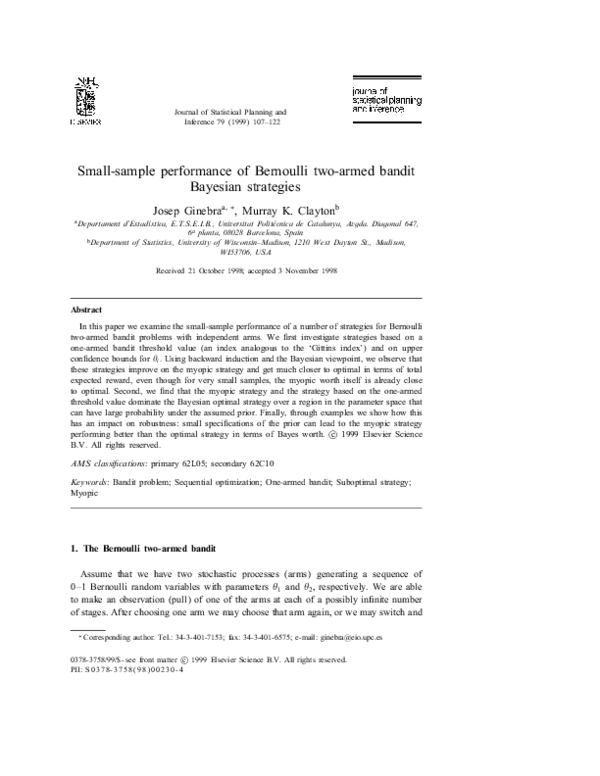 (PDF) Small-sample performance of Bernoulli two-armed bandit Bayesian strategies