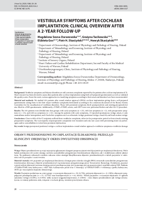 (PDF) Vestibular Symptoms After Cochlear Implantation: Clinical ...