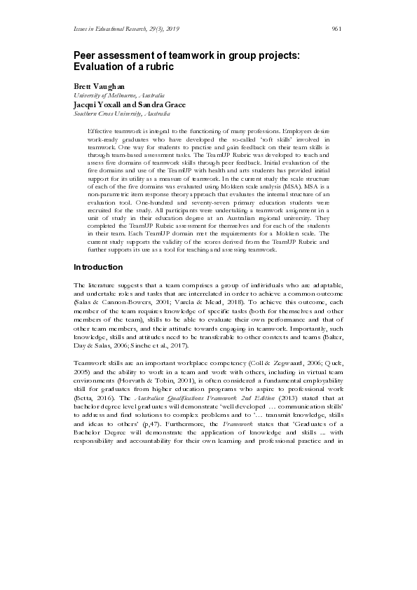(PDF) Peer Assessment of Teamwork in Group Projects: Evaluation of a Rubric