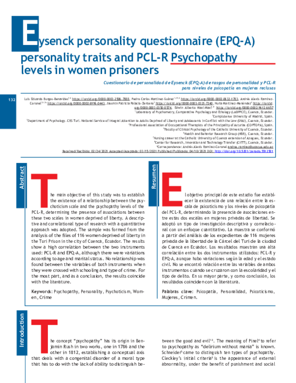 (PDF) Eysenck personality questionnaire (EPQ-A) personality traits and ...
