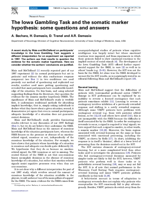 (PDF) The Iowa Gambling Task and the somatic marker hypothesis: some ...