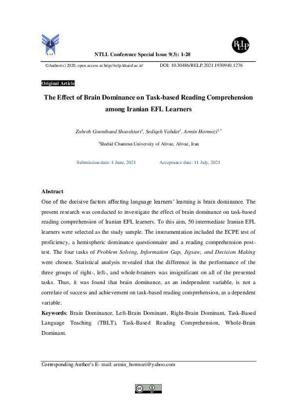 (PDF) The Effect of Brain Dominance on Task-based Reading Comprehension among Iranian EFL ...