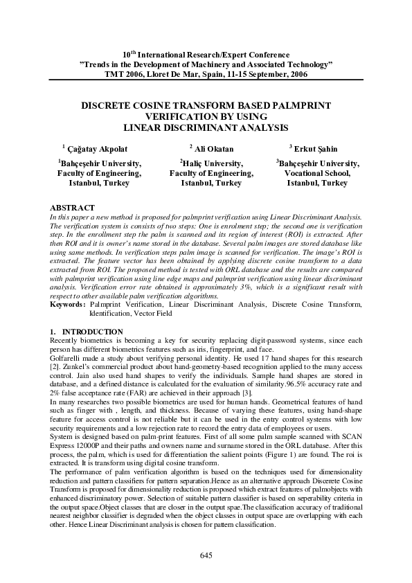 (PDF) Discrete Cosine Transform Based Palmprint Verification by Using Linear Discriminant Analysis