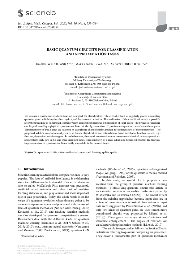 (PDF) Basic quantum circuits for classification and approximation tasks