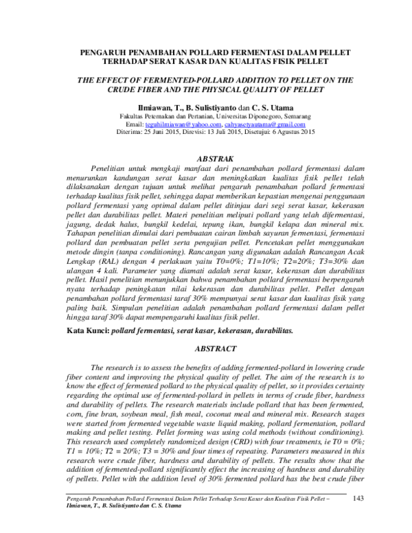 (PDF) Pengaruh Penambahan Pollard Fermentasi Dalam Pellet Terhadap ...