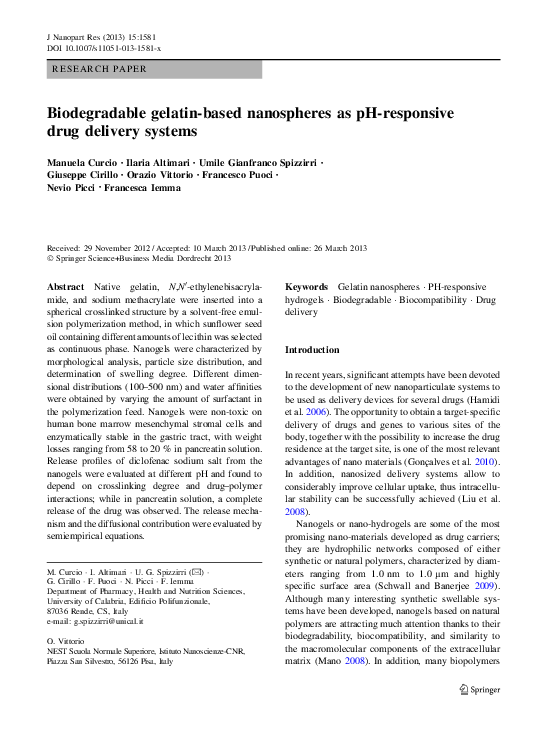 (PDF) Biodegradable gelatin-based nanospheres as pH-responsive drug delivery systems