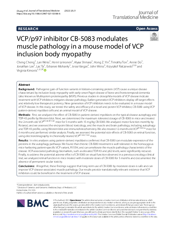 (PDF) VCP/p97 inhibitor CB-5083 modulates muscle pathology in a mouse ...