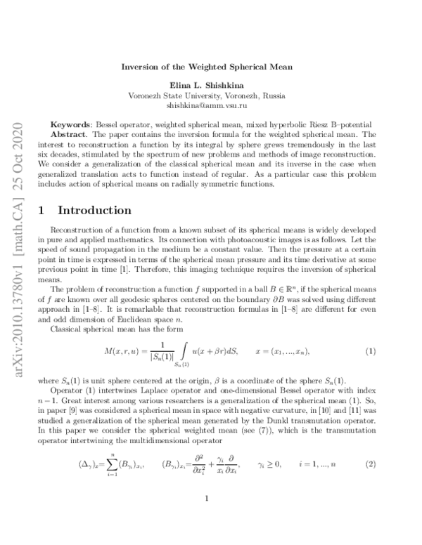 (PDF) Inversion of the Weighted Spherical Mean