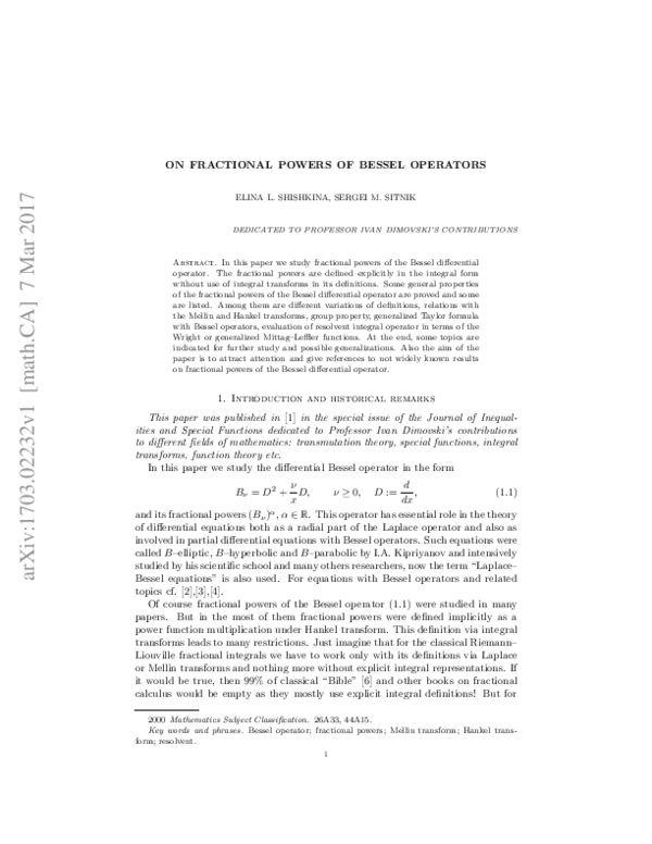 Pdf Fractional Powers Of Bessel Operators