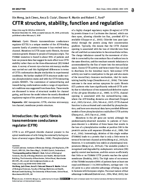 (PDF) CFTR structure, stability, function and regulation | Robert Ford ...