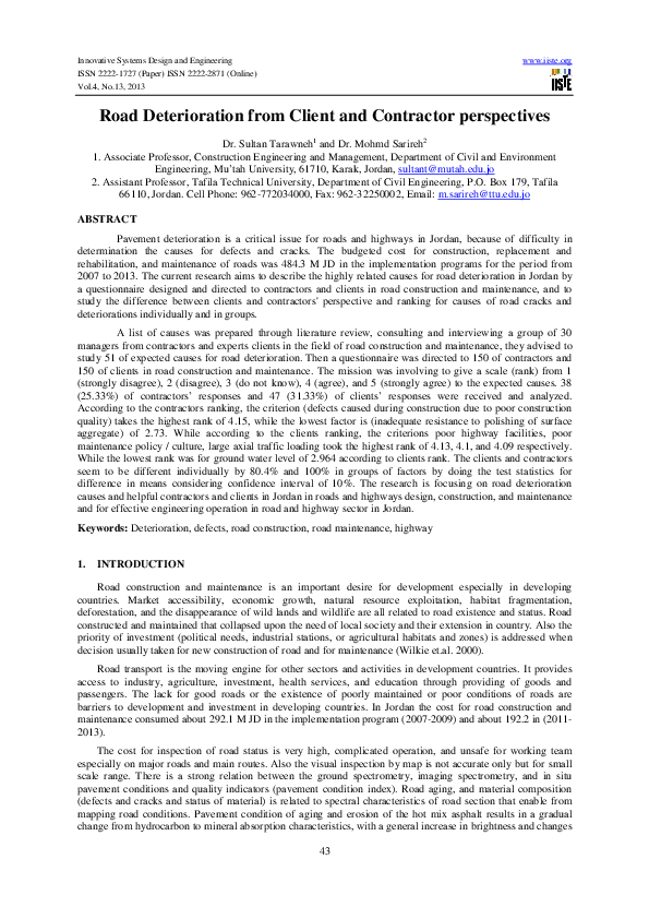 (PDF) Road Deterioration from Client and Contractor perspectives