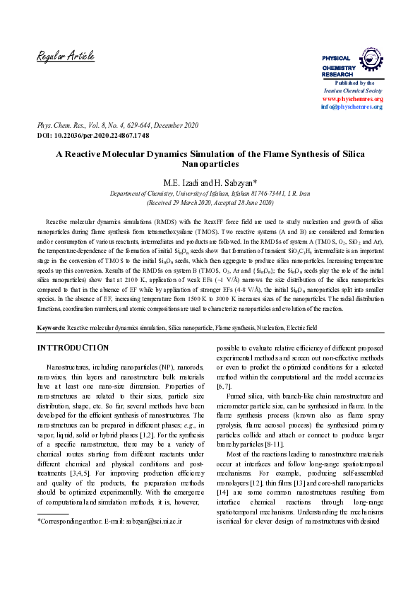 (PDF) A Reactive Molecular Dynamics Simulation of the Flame Synthesis of Silica Nanoparticles
