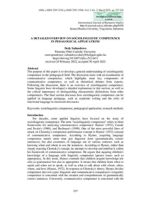 (PDF) A Detailed Overview on Sociolinguistic Competence in Pedagogical Applications