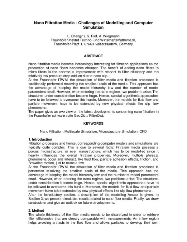 (PDF) Nano Filtration Media - Challenges of Modeling and Computer Simulation